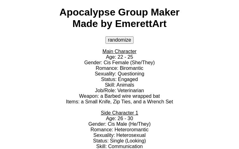Apocalypse Group MakerMade by EmerettArt ― Perchance Generator