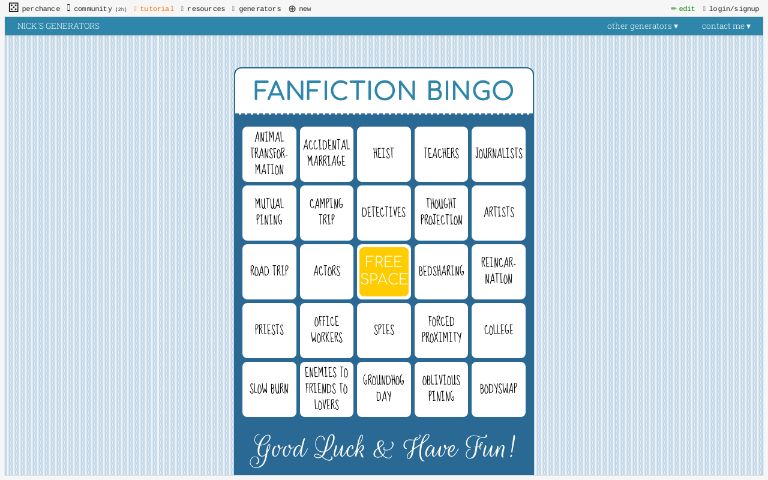Fanfiction Bingo ― Perchance Generator