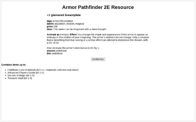 Armor Pathfinder 2E Resource ― Perchance Generator