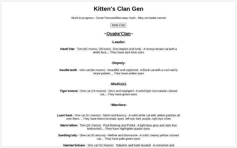 Kitten's Clan Gen ― Perchance Generator