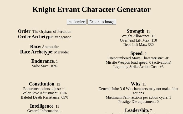 Knight Errant Character Generator