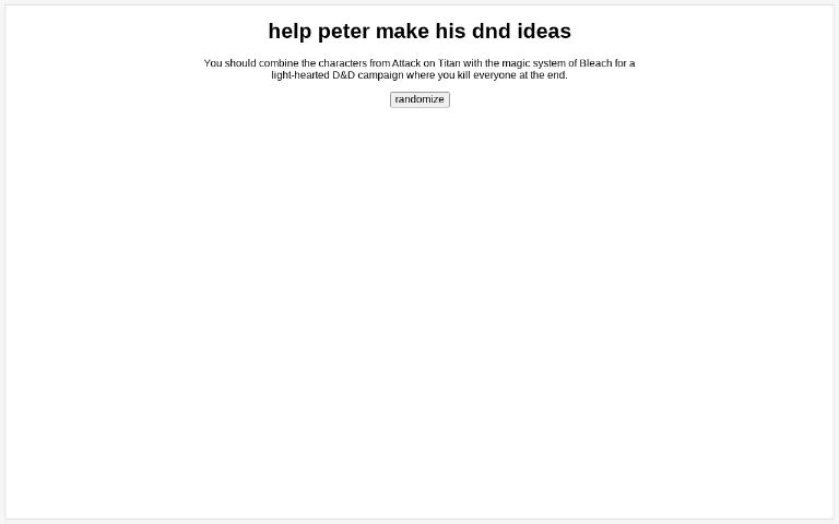 help peter make his dnd ideas ― Perchance Generator