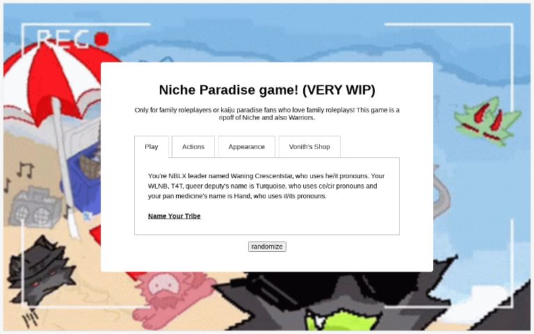 Niche Paradise game! (VERY WIP) ― Perchance Generator