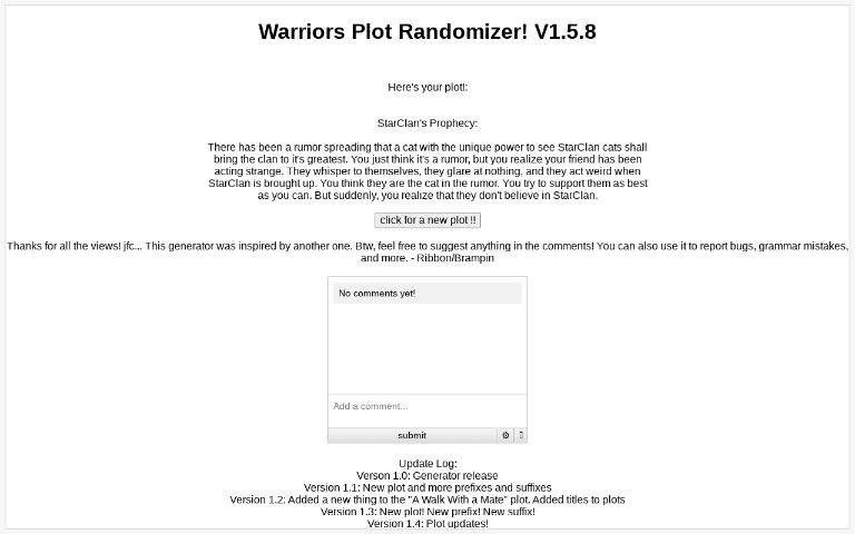 Warriors Plot Randomizer! V1.5.8 ― Perchance Generator