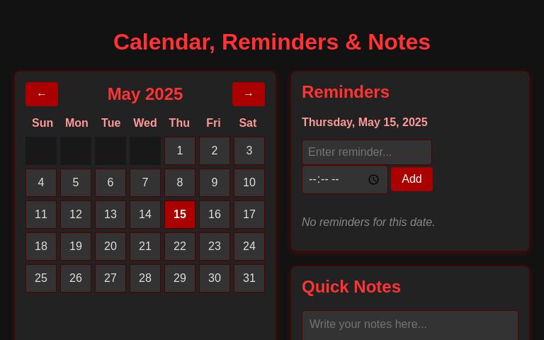 Calendar, Reminders & Notes ― Perchance Generator