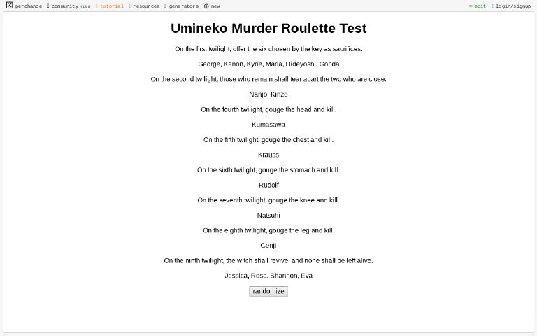 Umineko Murder Roulette Test ― Perchance Generator