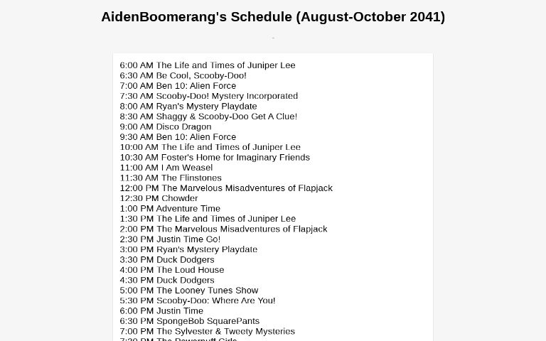 AidenBoomerang's Schedule (August-October 2041) ― Perchance Generator