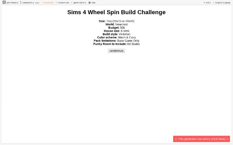 Sims 4 Wheel Spin Build Challenge ― Perchance Generator