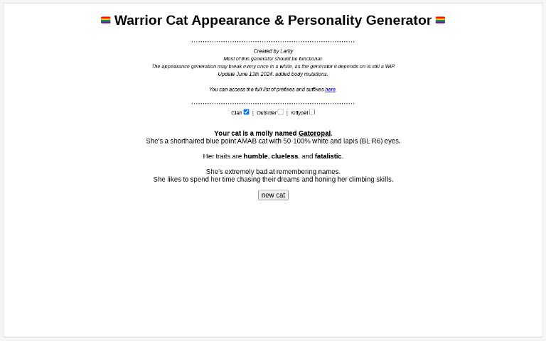 Warrior Cat Appearance & Personality Generator