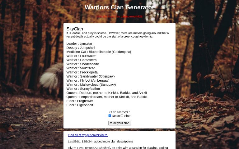 Warriors Clan Generator