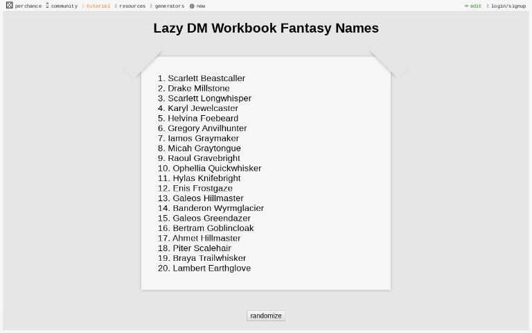 Lazy DM Workbook Fantasy Names ― Perchance Generator