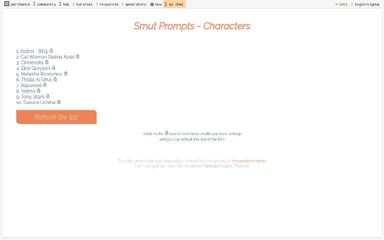 Smut Prompts - Characters ― Perchance Generator