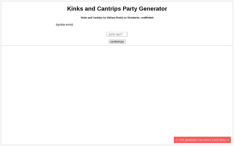 Kinks and Cantrips Party Generator
