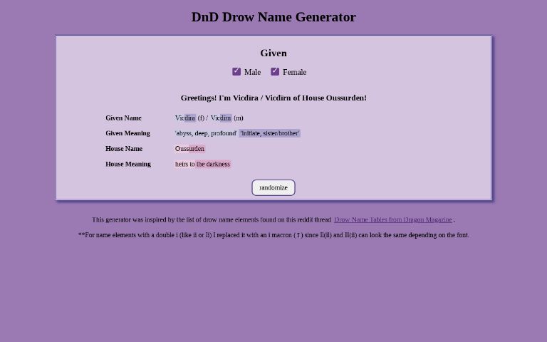 DnD Drow Name Generator