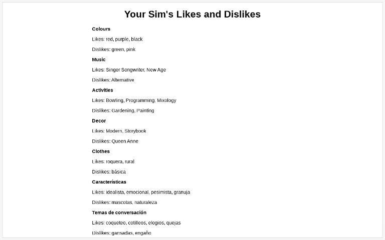 Your Sim's Likes and Dislikes ― Perchance Generator