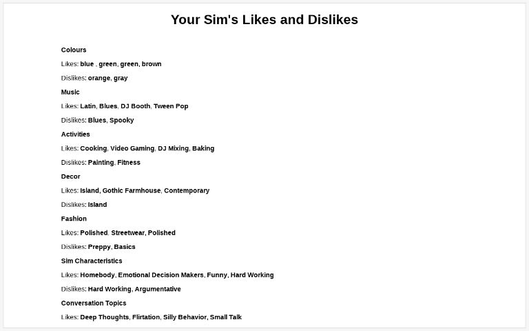 Your Sim's Likes and Dislikes ― Perchance Generator