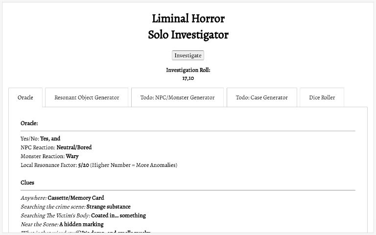 Liminal Horror Solo Investigator ― Perchance Generator