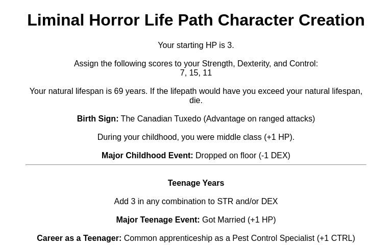 Liminal Horror Life Path Character Creation ― Perchance Generator
