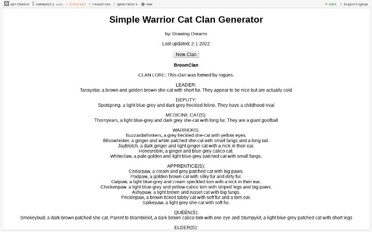 Simple Warrior Cat Clan Generator