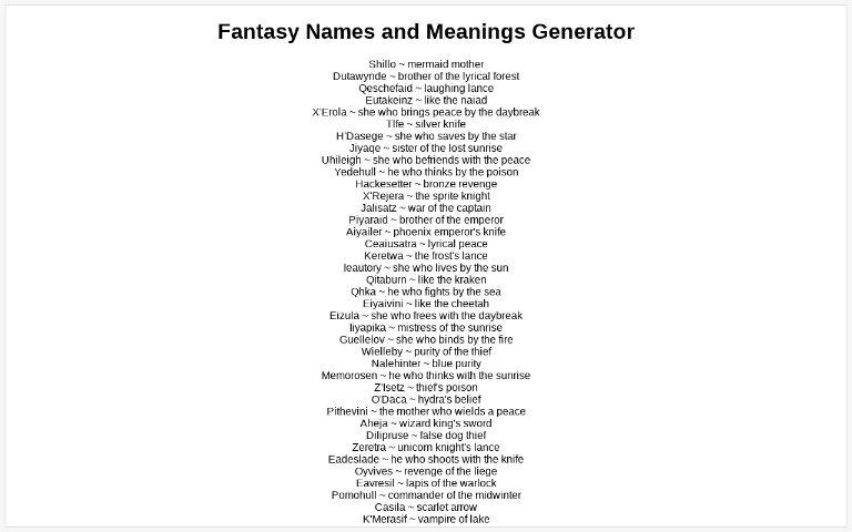 Fantasy Names and Meanings Generator