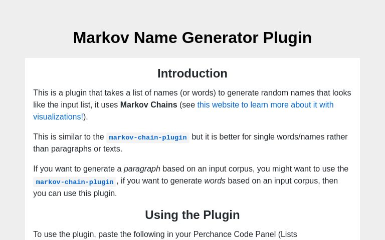 Markov Name Generator Plugin