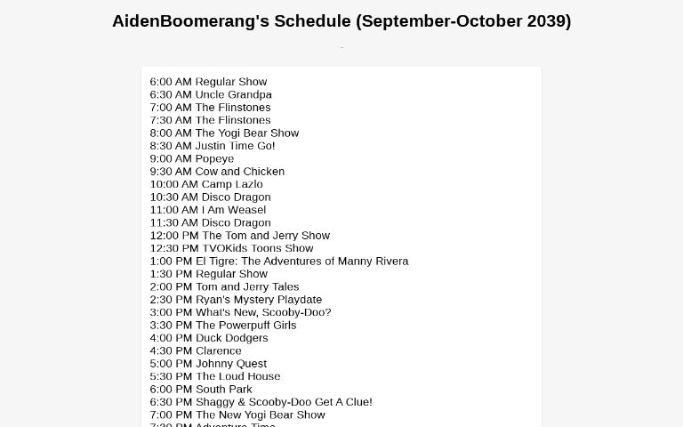 AidenBoomerang's Schedule (September-October 2039) ― Perchance Generator
