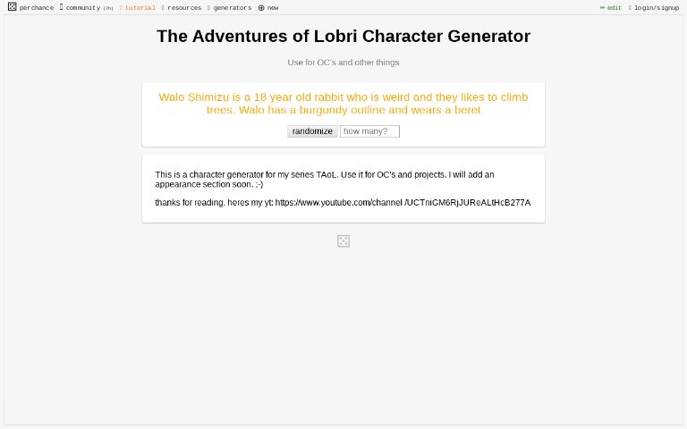 The Adventures of Lobri Character Generator