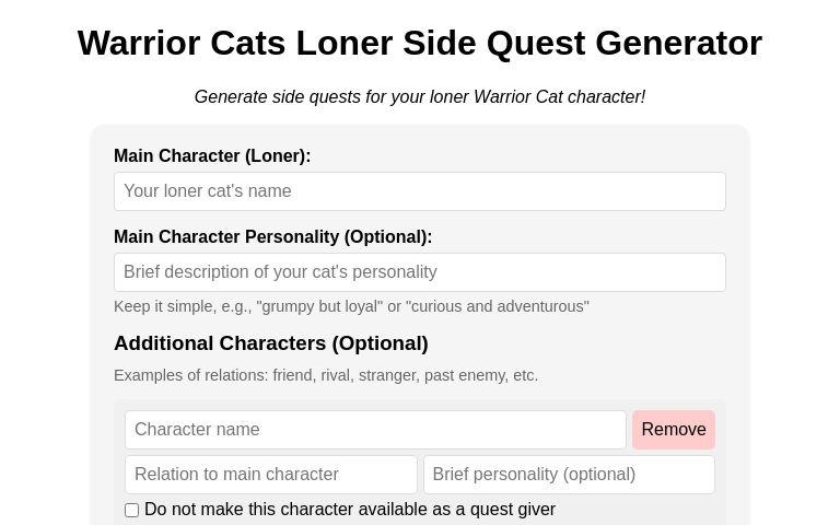 Warrior Cats Loner Side Quest Generator