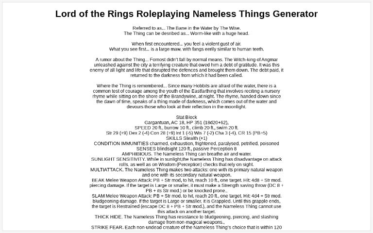 Lord of the Rings Roleplaying Nameless Things Generator