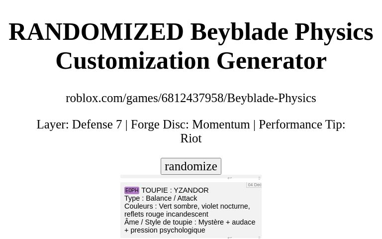 Beyblade Physics Customization Generator