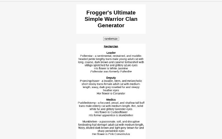 Frogger's Ultimate Simple Warrior Clan Generator