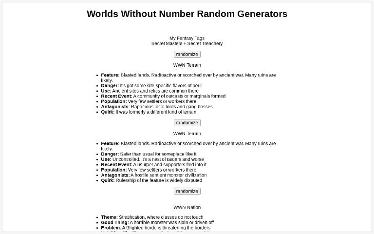 Worlds Without Number Random Generators