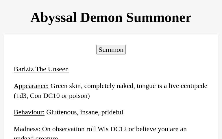 Abyssal Demon Summoner ― Perchance Generator