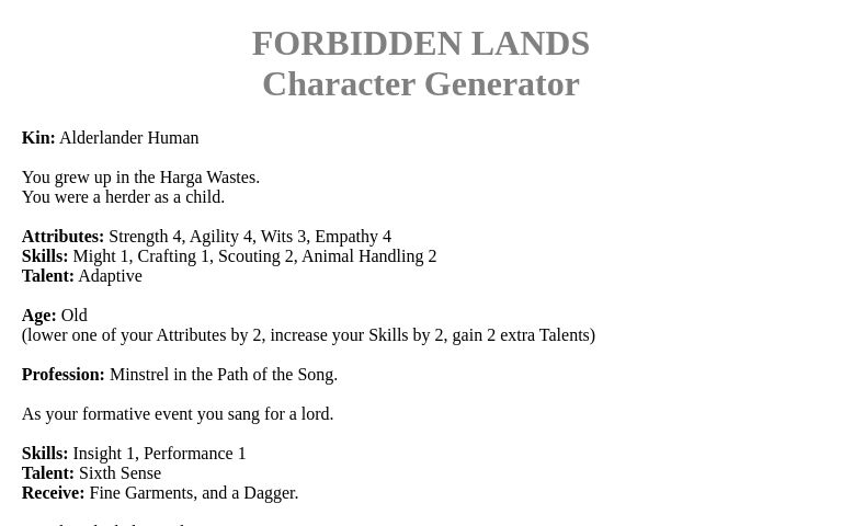FORBIDDEN LANDS Character Generator
