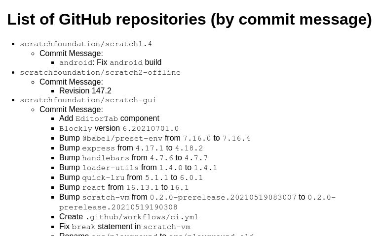 List of GitHub repositories (by commit message) ― Perchance Generator