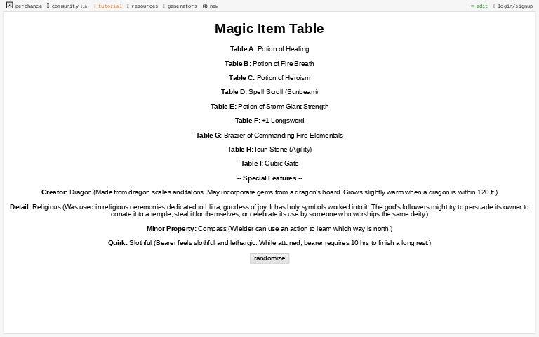 Magic Item Table ― Perchance Generator