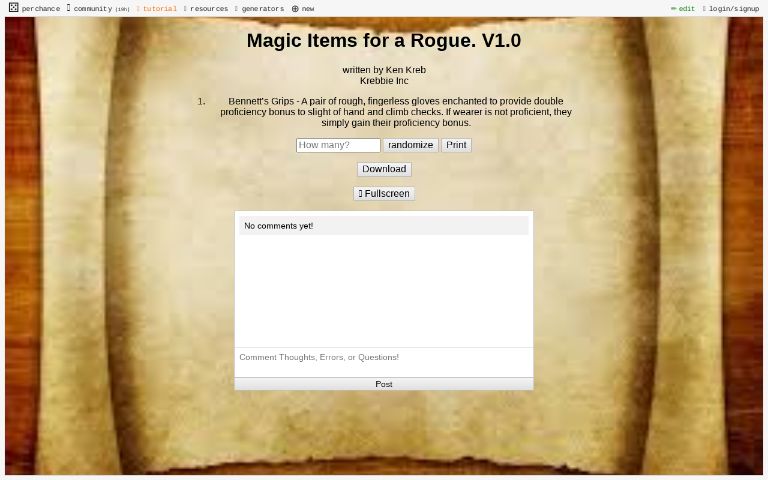 Magic Items for a Rogue. V1.0 ― Perchance Generator