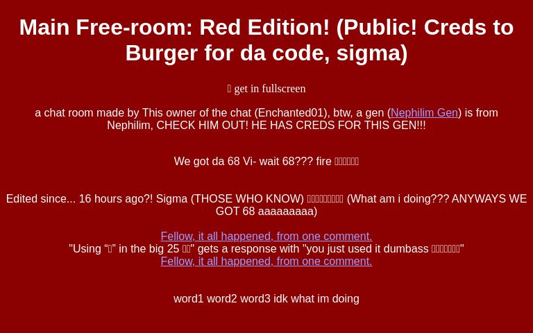 Main Free-room: Red Edition! (Public! Creds to Burger for da code, sigma) ― Perchance Generator