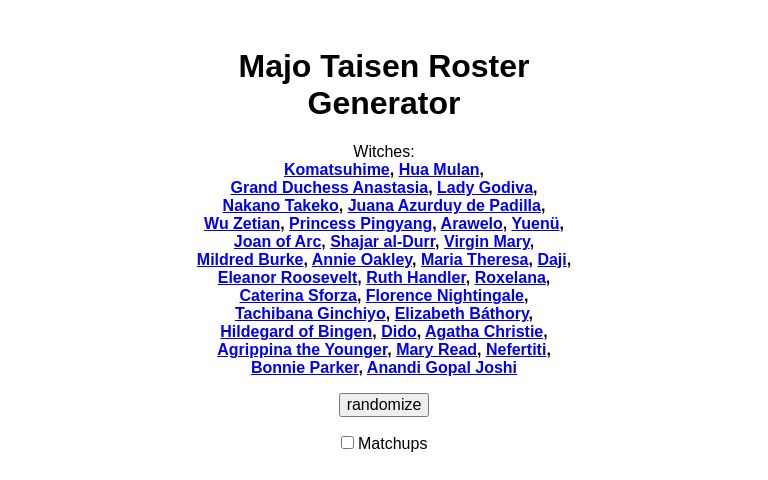 Majo Taisen Roster Generator