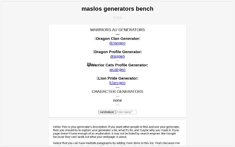 maslos generators bench