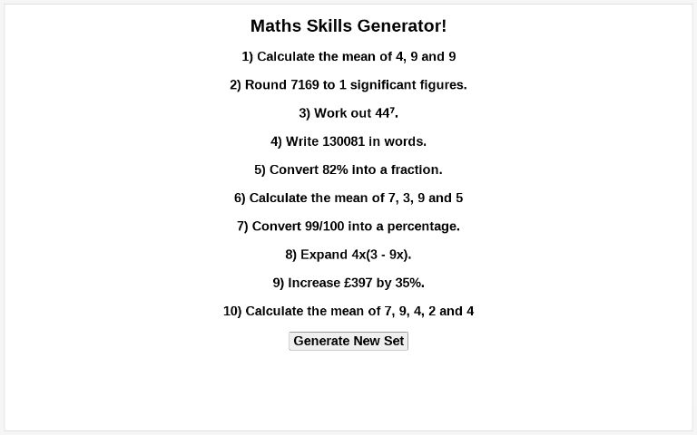 Maths Skills Generator!