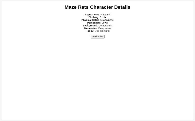 Maze Rats Character Details ― Perchance Generator