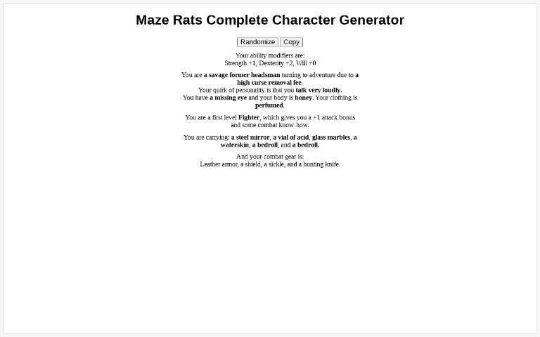 Maze Rats Complete Character Generator