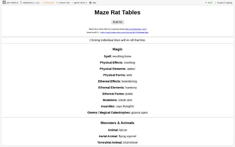 Maze Rat Tables ― Perchance Generator
