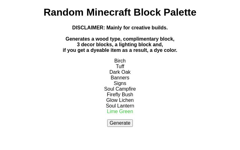 Random Minecraft Block Palette ― Perchance Generator