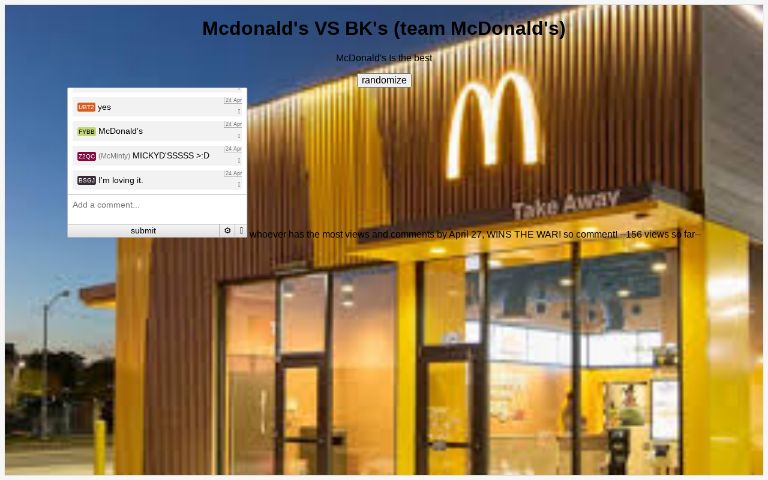 Mcdonald's VS BK's (team McDonald's) ― Perchance Generator