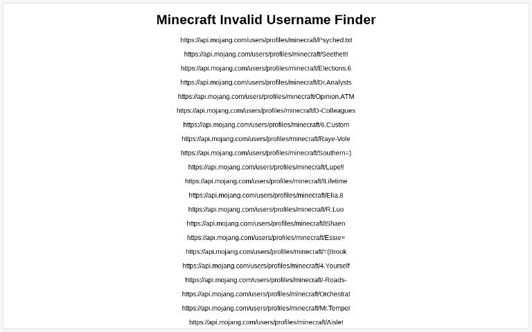 Minecraft Invalid Username Finder ― Perchance Generator