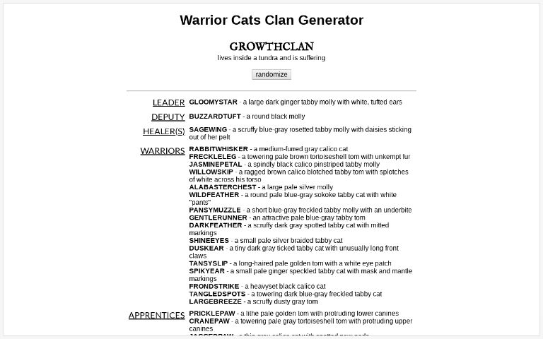Warrior Cats Clan Generator