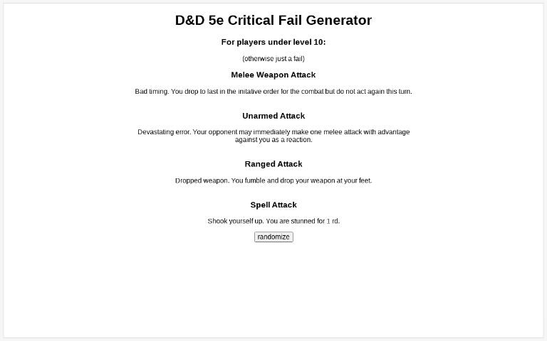 D&D 5e Critical Fail Generator