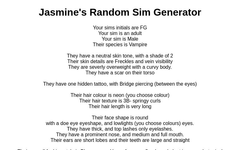 Jasmine's Random Sim Generator